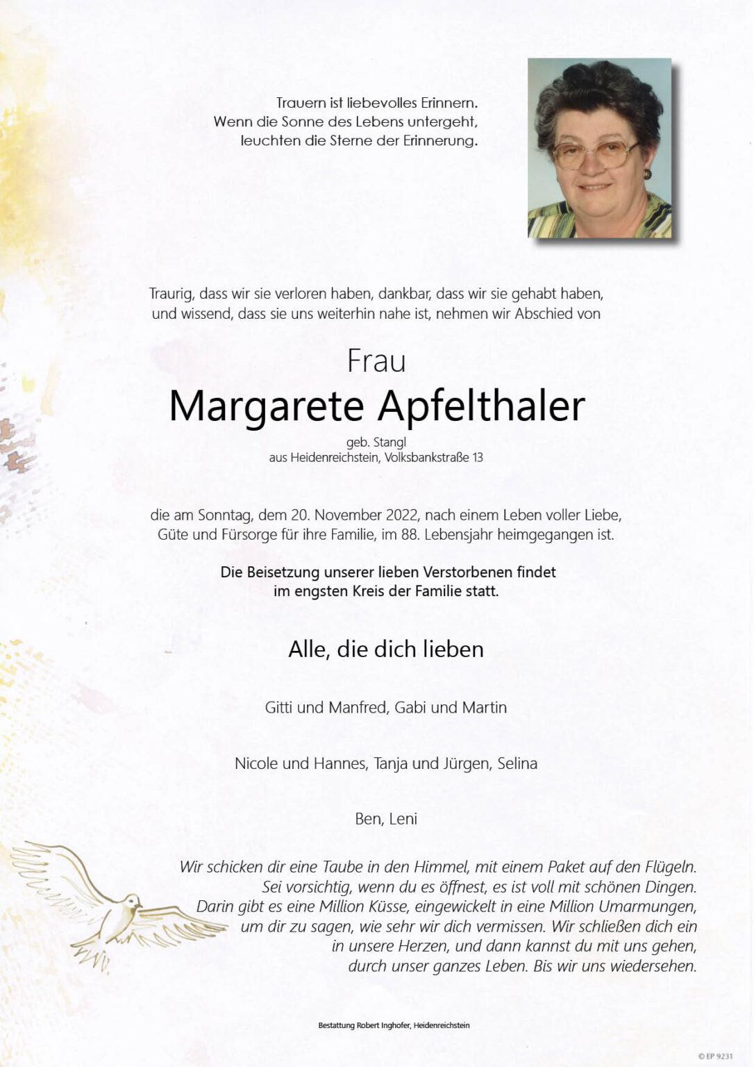 Margarete Apfelthaler - Bestattung Inghofer